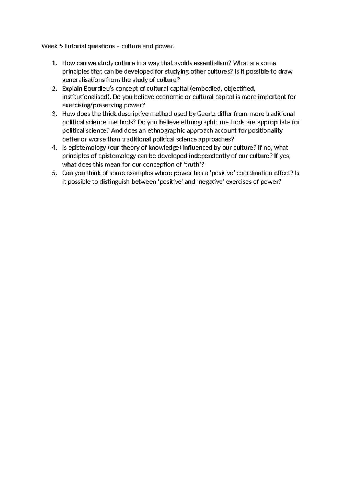 Week 5 Tutorial Questions: Culture and Power Analysis - Studocu