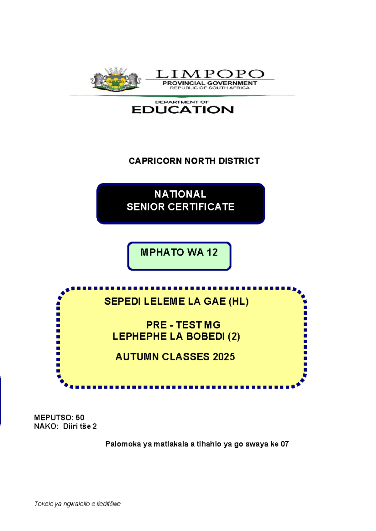 Sepedi HL P2 Pre-Test MG - Capricorn North District 2025 - Studocu