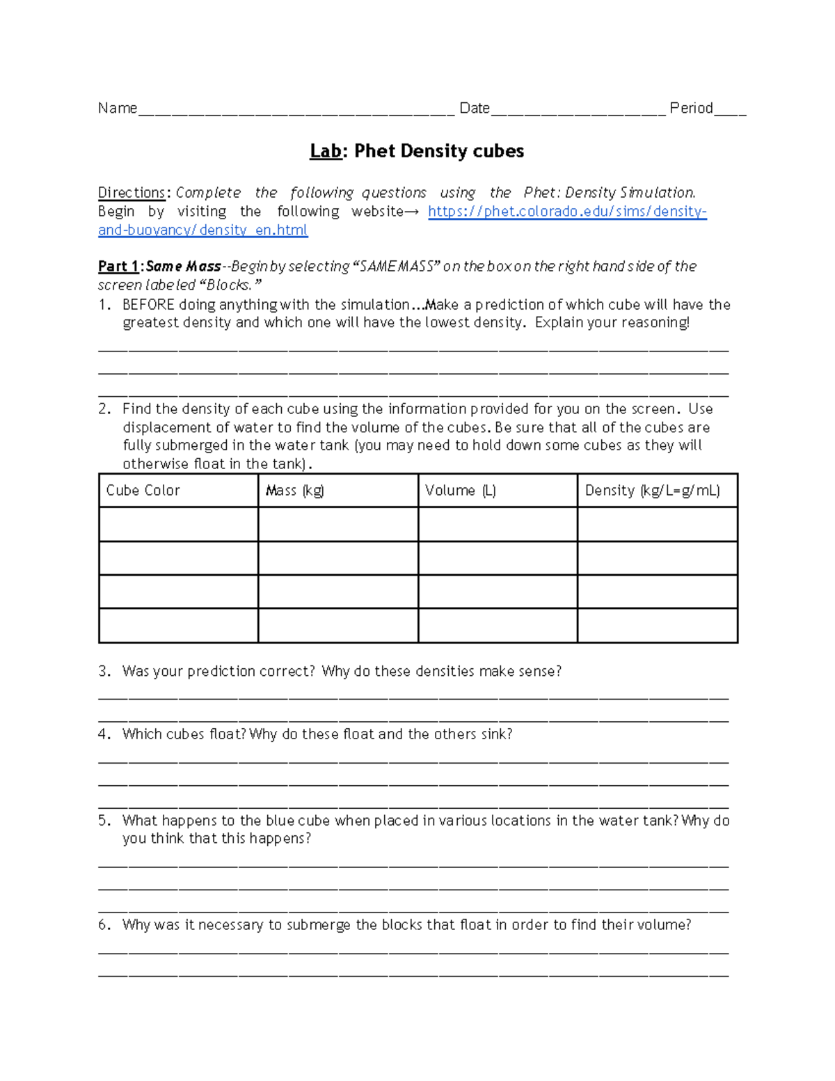 Virtual Lab - Density Cubes (Phet) - Name ...