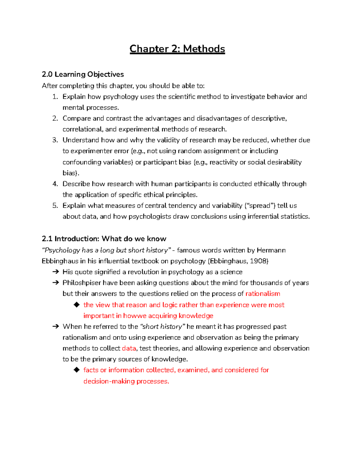 PSY 1101 Chapter 2: Research Methods in Psychology Overview - Studocu
