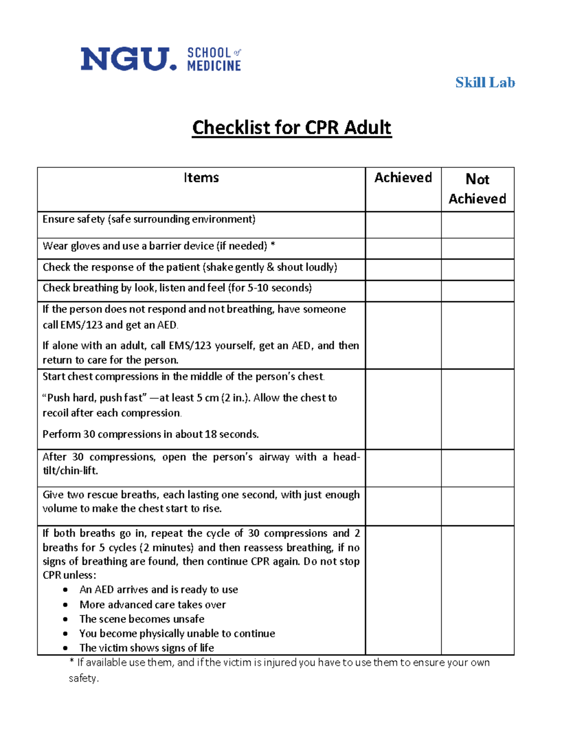 10.2.2 (Check list) CPR - Skill Lab Checklist for CPR Adult Items ...