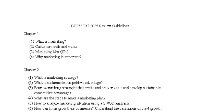BU252 Fall 2025 Comprehensive Review Guidelines for Marketing - Studocu