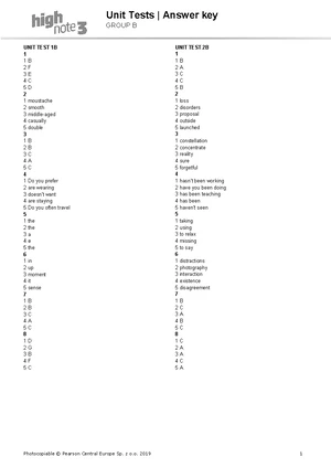 High Note 4 AK Unit Tests Answer Key for Group B - Studocu