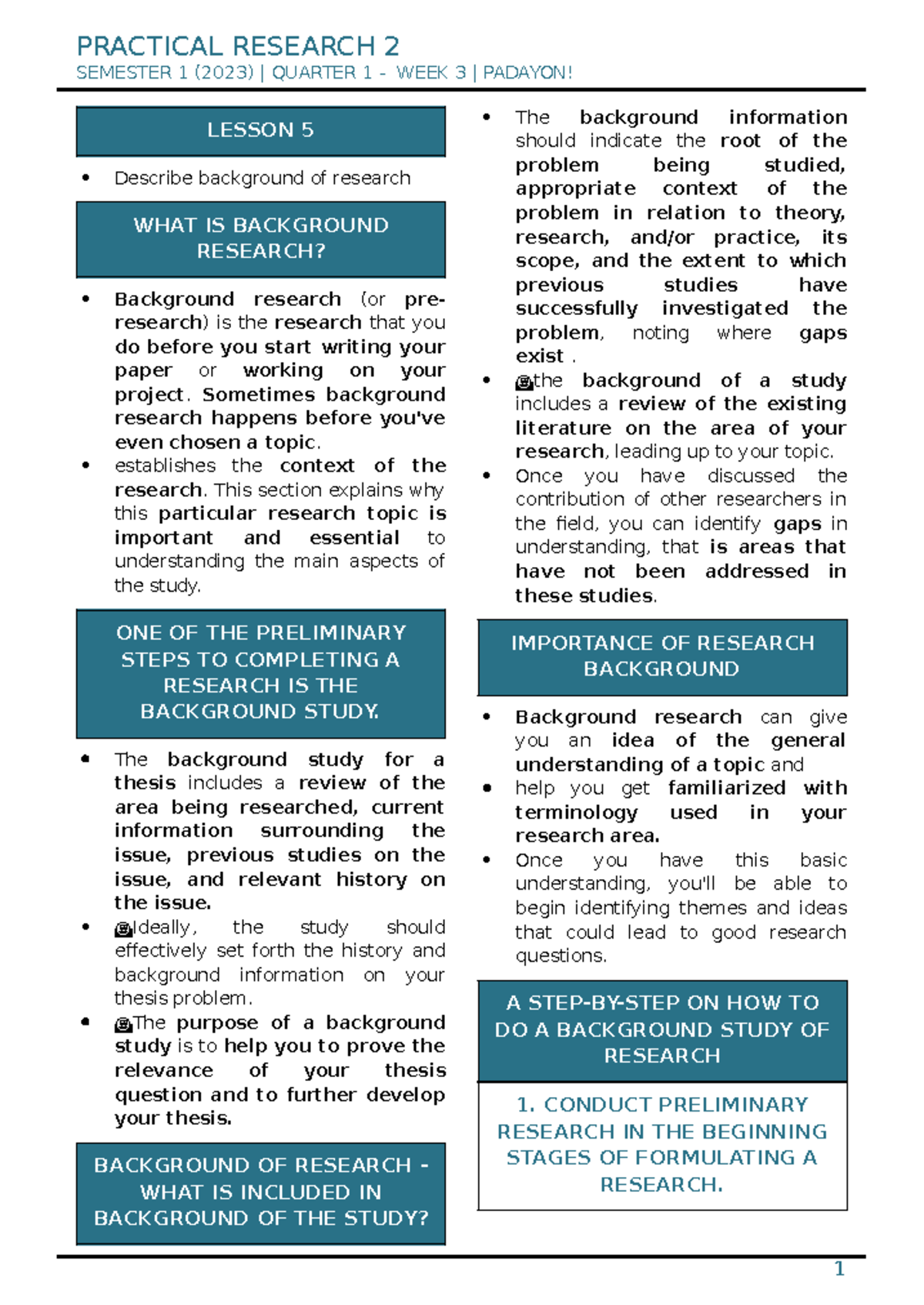 PRACTICAL RESEARCH 2 SEMESTER 1 (2023) WEEK 3 LESSON 5: Background ...