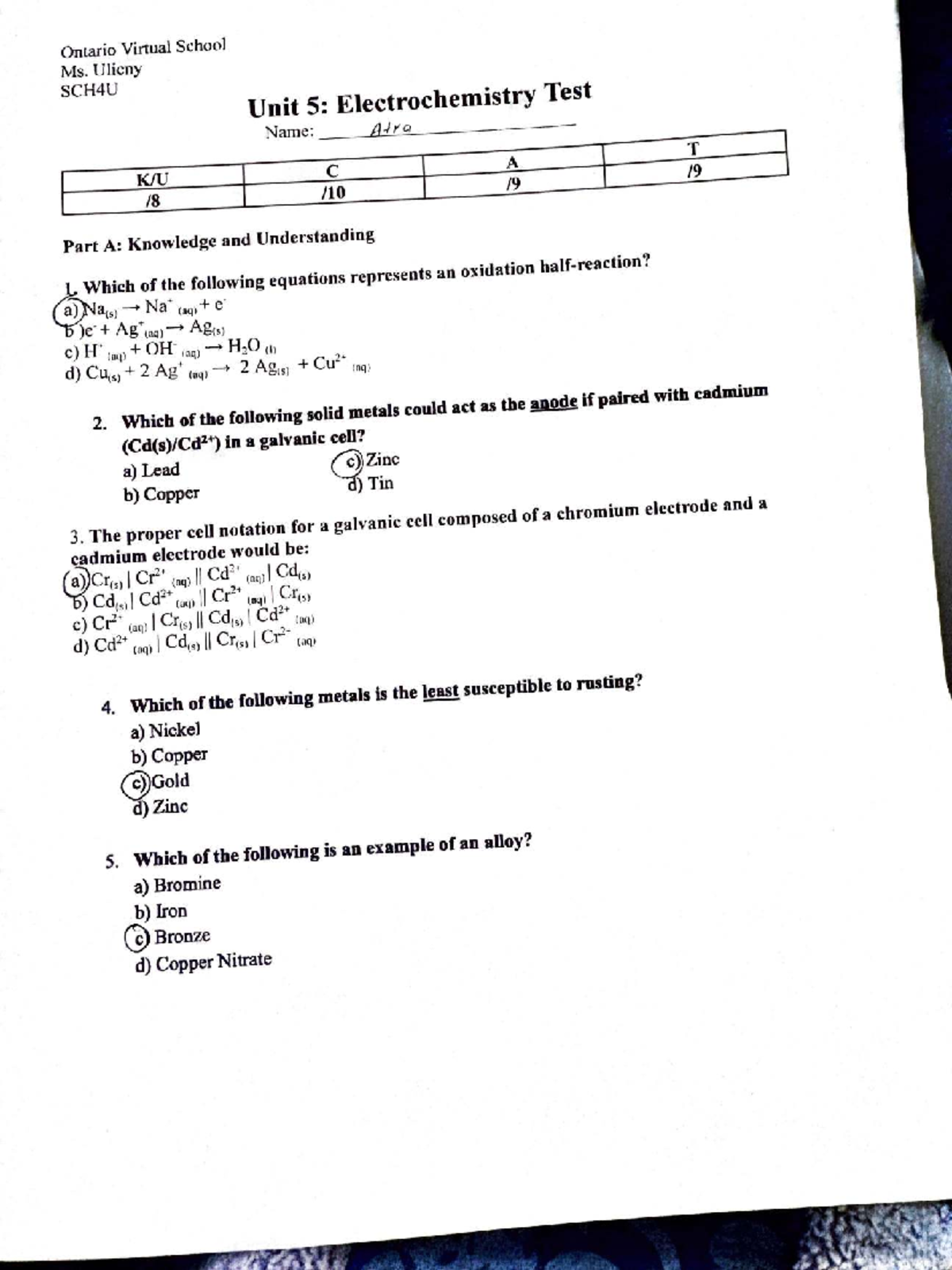 Ontario Virtual School Ms. Ulicny SCH4U Unit 5: Electrochemistry Test ...