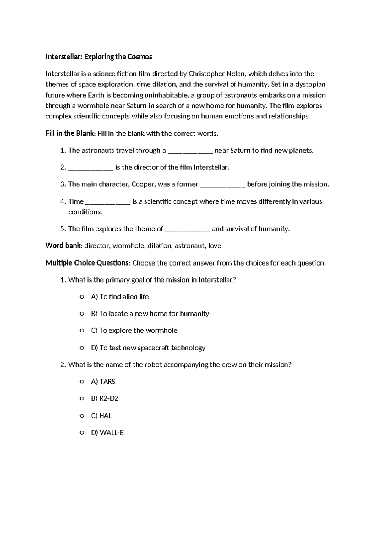 Interstellar (Sci-Fi Film) Worksheet with Questions and Answers - Studocu