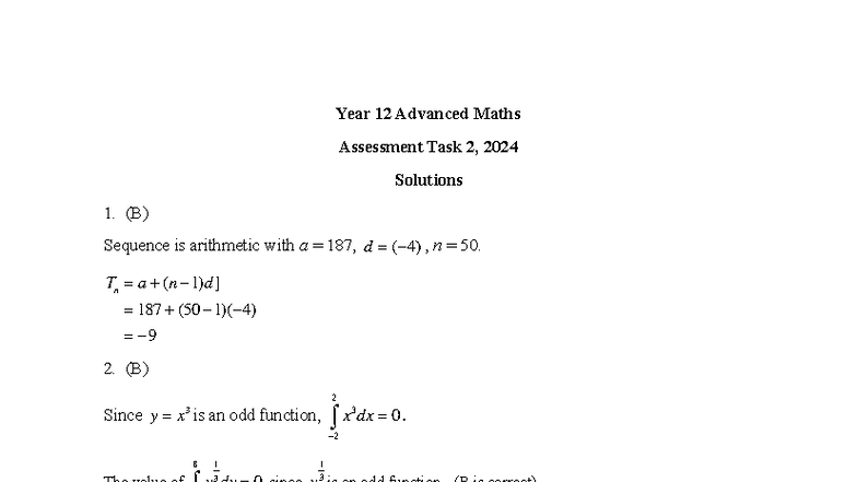 Year 12 Advanced Maths 2U Assessment Task 2 Solutions 2024 - Studocu