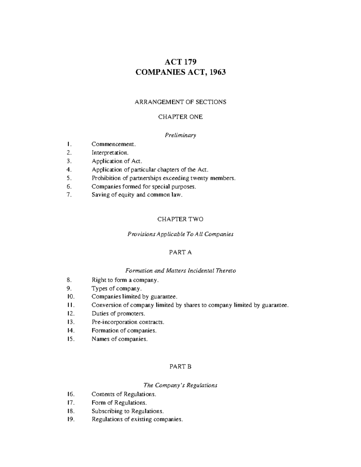 ACT 179 COMPANIES ACT, 1963: ARRANGEMENT OF SECTIONS AND CHAPTERS - Studocu