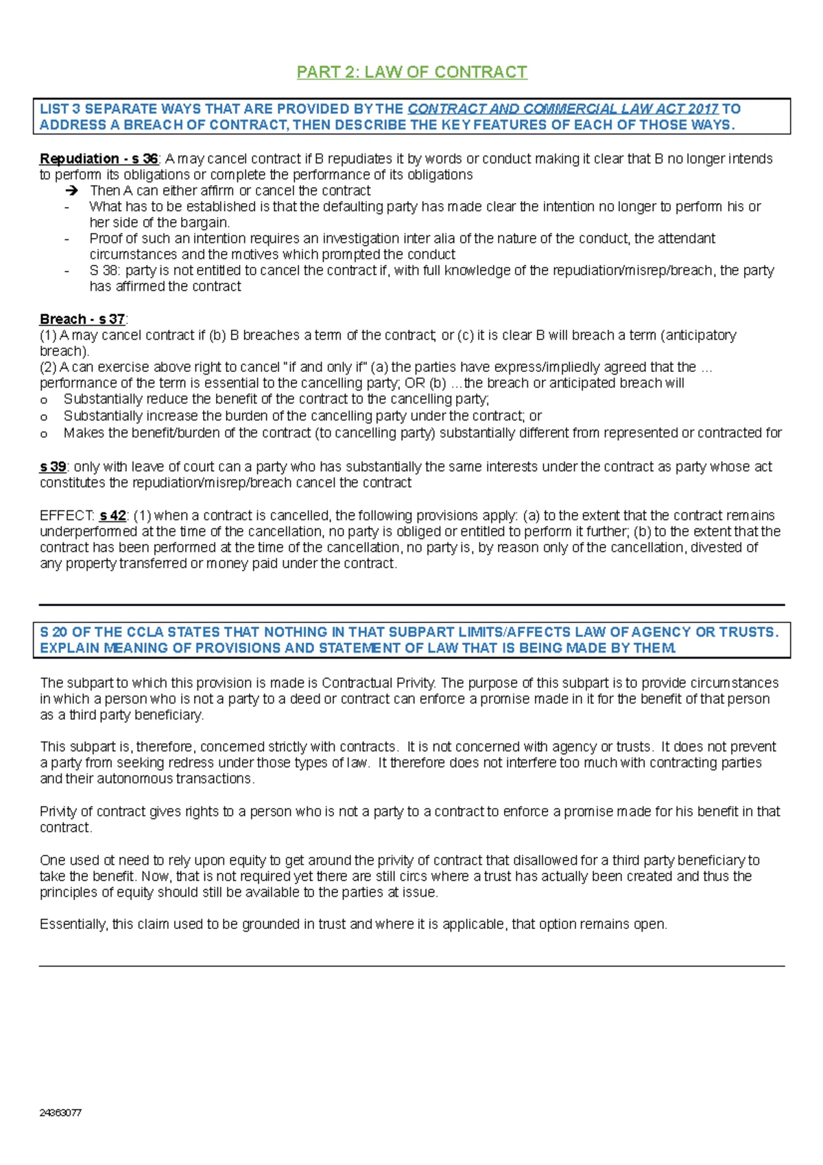 Nzcle Law of Contract - PART 2: LAW OF CONTRACT Contract and Commercial Law Act 2017 (“CCLA ...