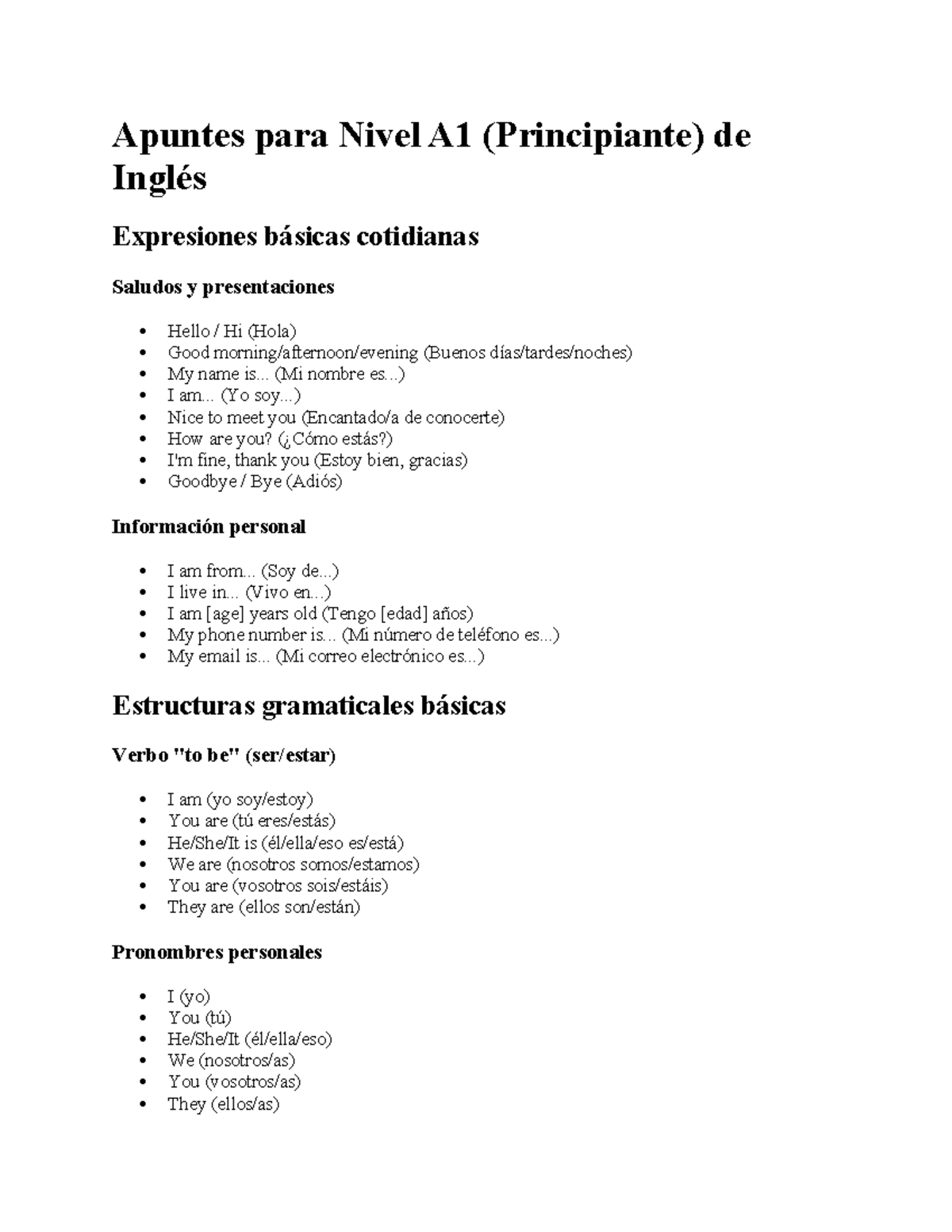 Apuntes para Nivel A1 (Principiante) de Inglés - Apuntes para Nivel A1 ...