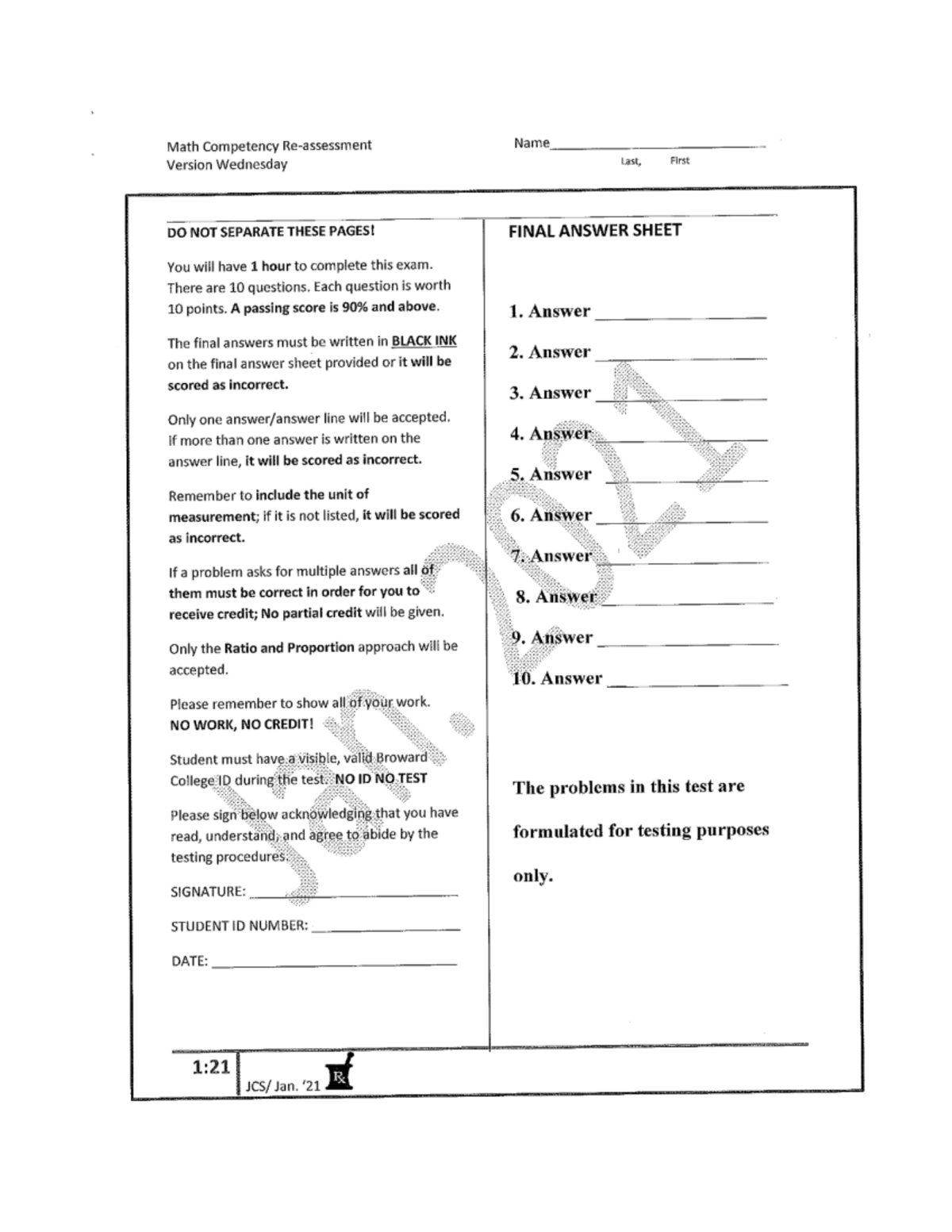 Math Competency Exam - Final Answer Sheet (Carter Smith Practice 1 ...