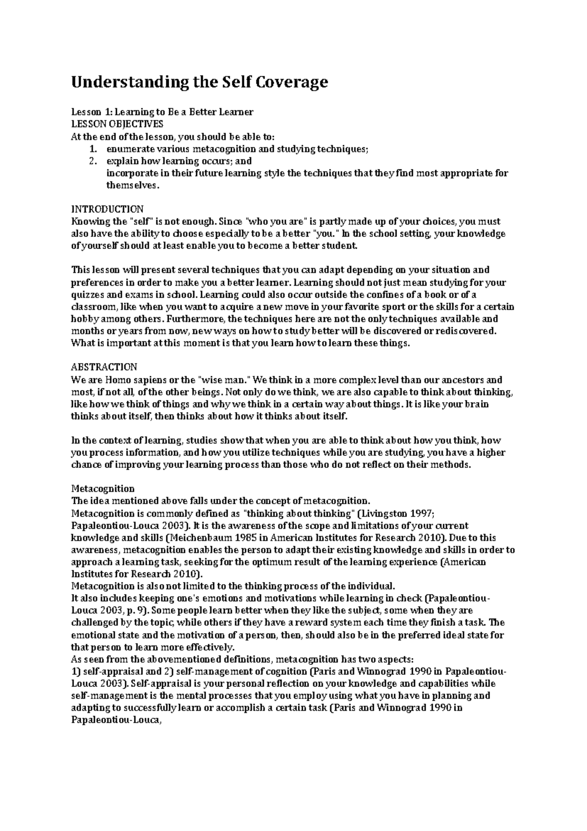 UTS 101: Understanding the Self - Lesson 1: Becoming a Better Learner ...