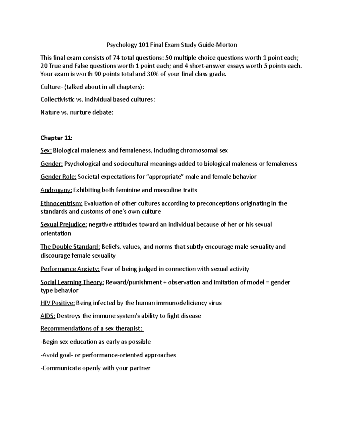 Psych 101 Final Exam Study Guide - Psychology 101 Final Exam Study This ...