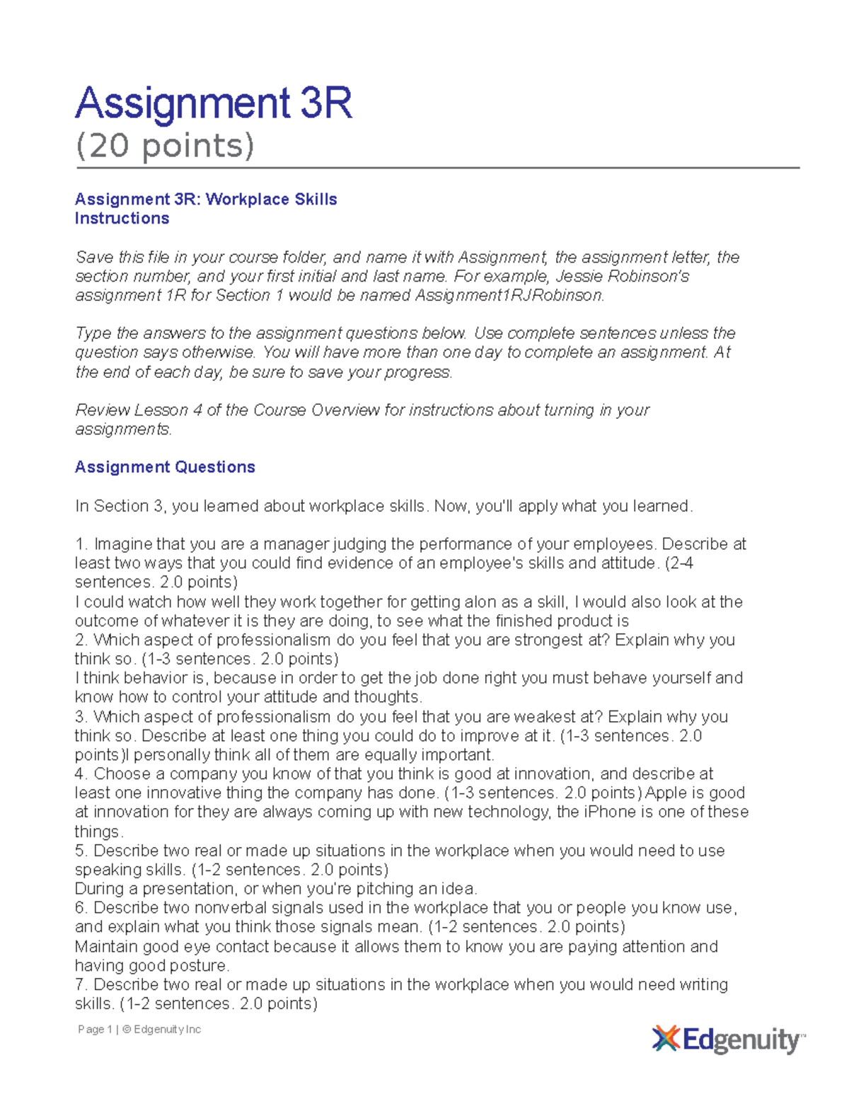 Assignment 3R - EL5733 - Assignment 3R (20 points) Assignment 3R: Workplace Skills Instructions ...