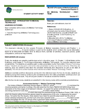 PMLS Reviewer - Not complete - PMLS WEEK 1 MEDICAL TECHNOLOGY is also ...