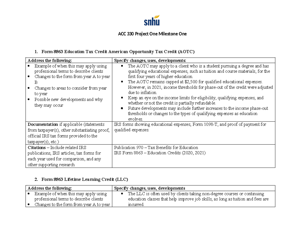 ACC 330 Project One Milestone One: Education & Child Tax Credits ...