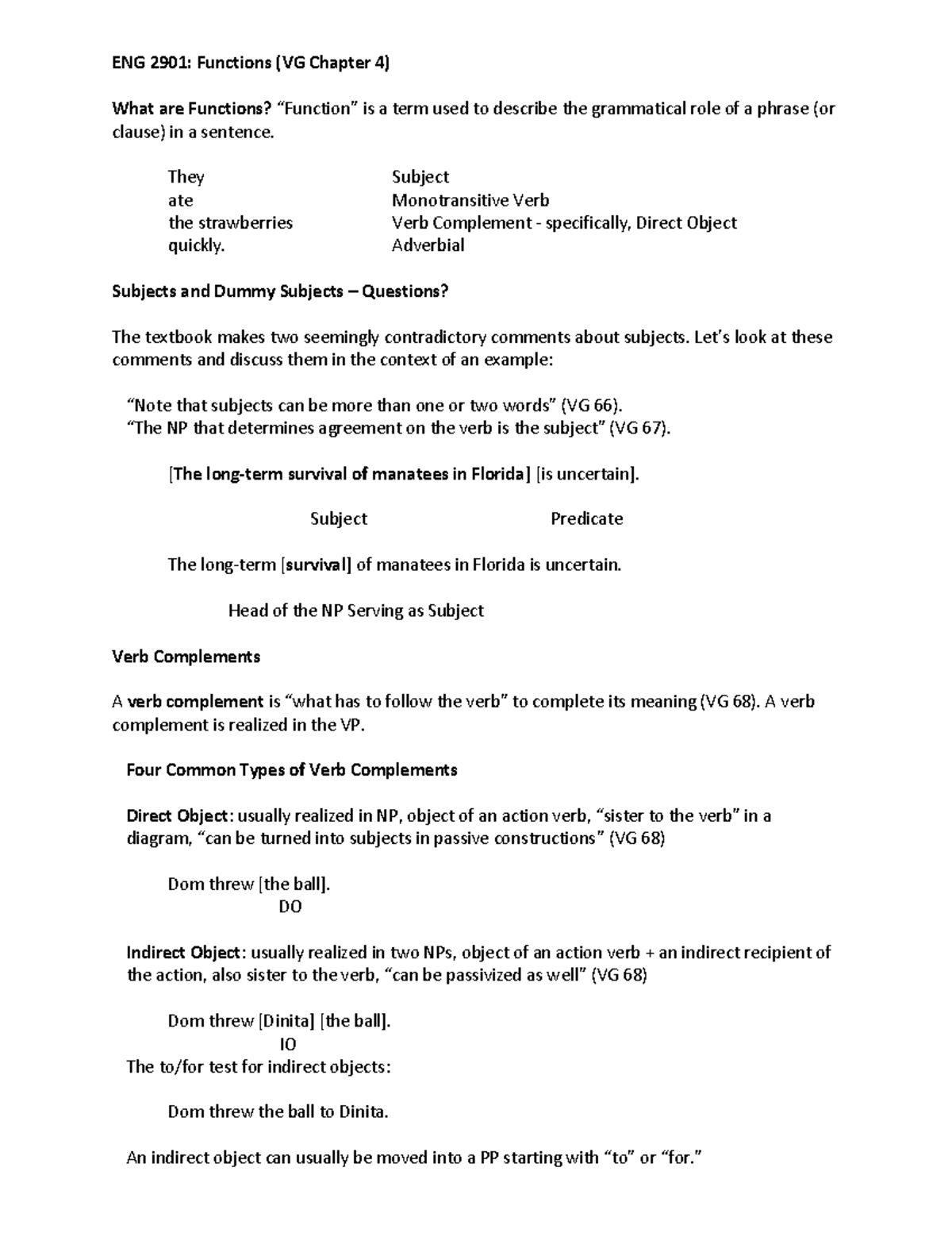 ENG 2901: Examining Verb Functions & Complements in Sentences - Studocu
