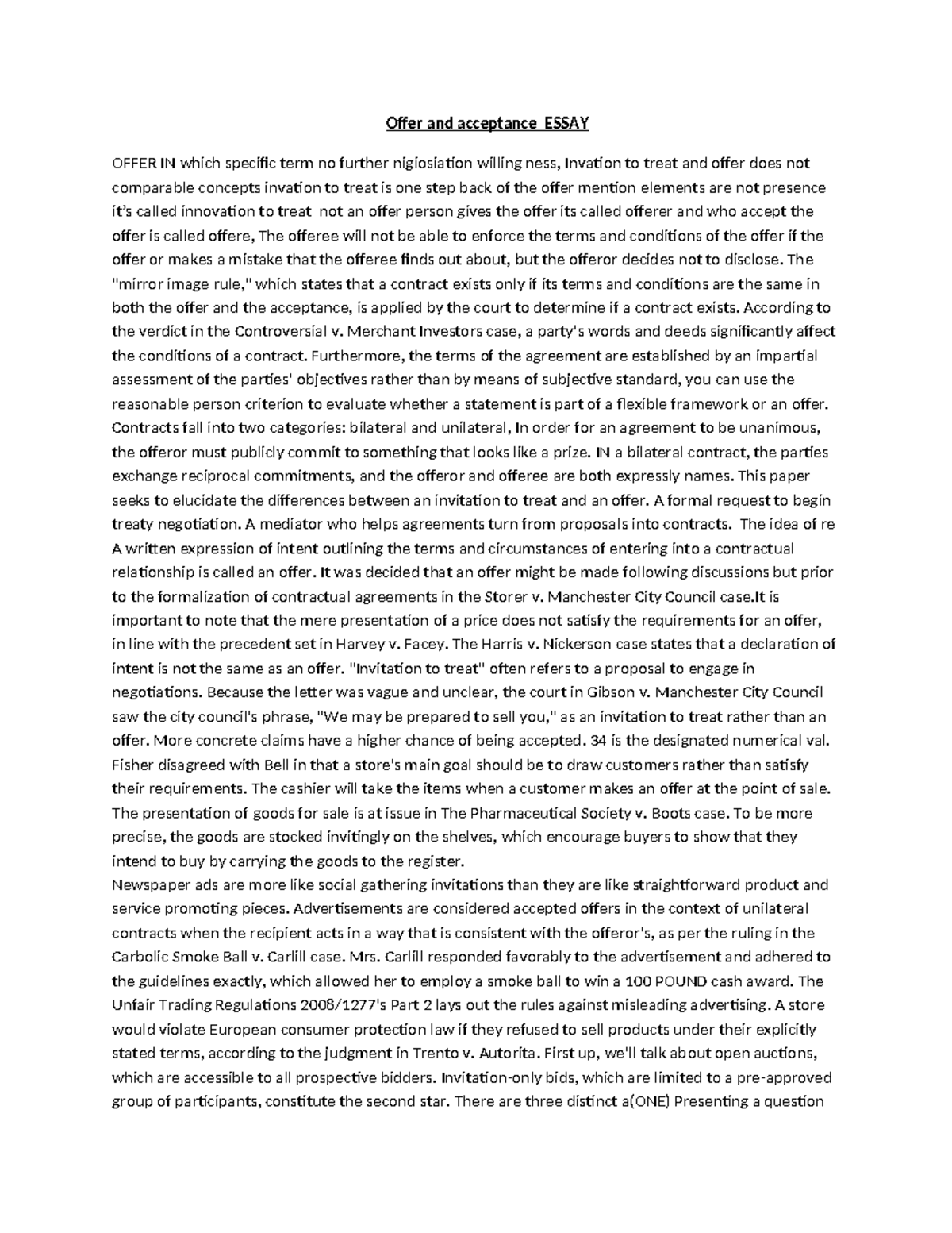 Offer And Acceptance Key Concepts In Contract Law Essay Studocu
