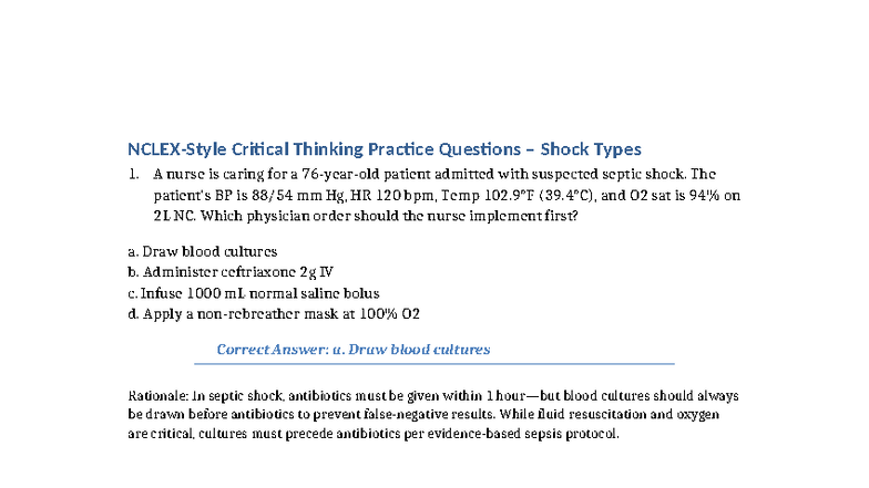 NCLEX Shock Practice Questions Set 1: Critical Thinking Exercises - Studocu