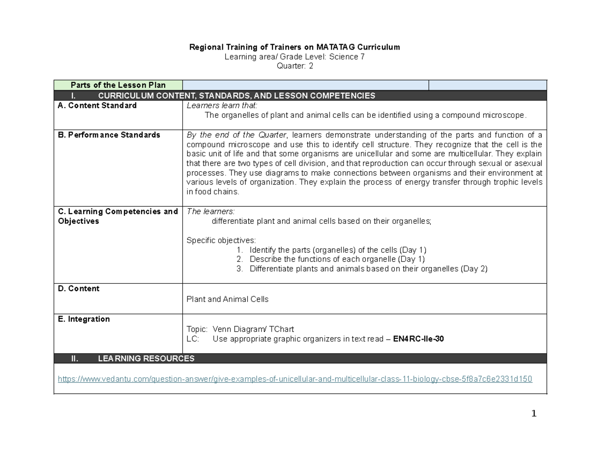 MATATAG Curriculum Lesson Plan: Science 7 - Plant & Animal Cells - Studocu