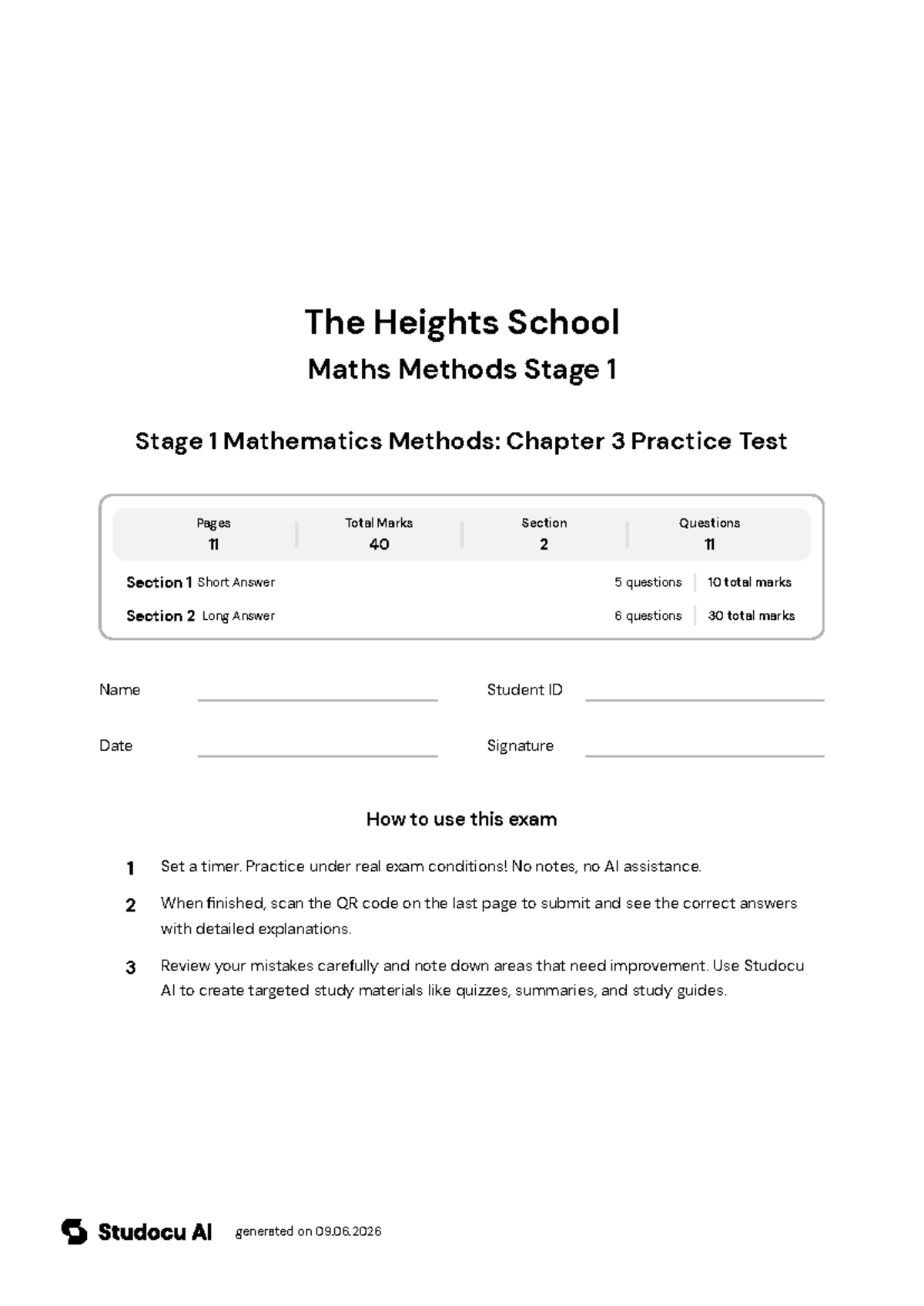 Stage 1 Mathematics Methods: Chapter 3 Practice Test - Studocu