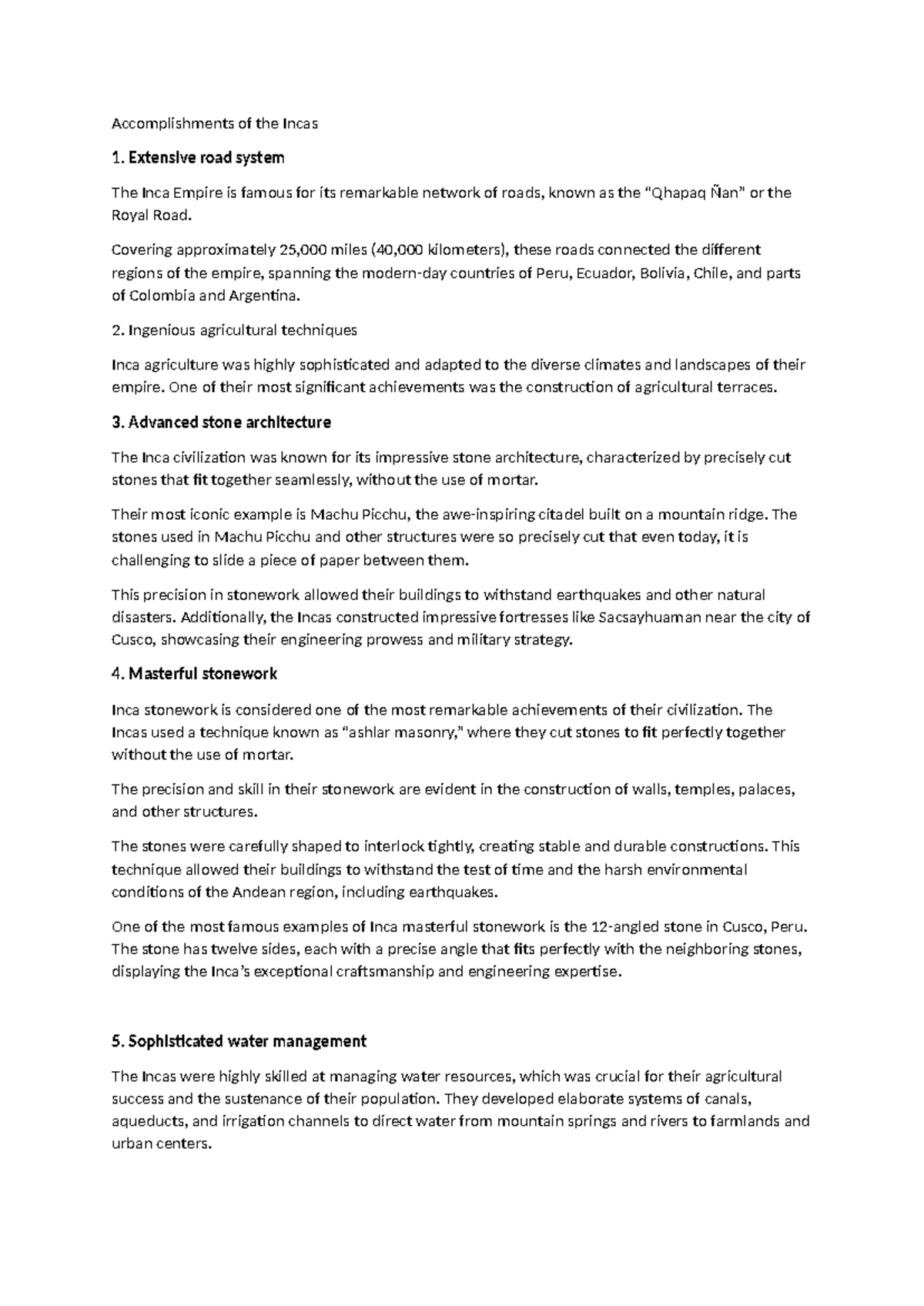 Accomplishments-of-the-Incas 2 - Accomplishments of the Incas Extensive ...