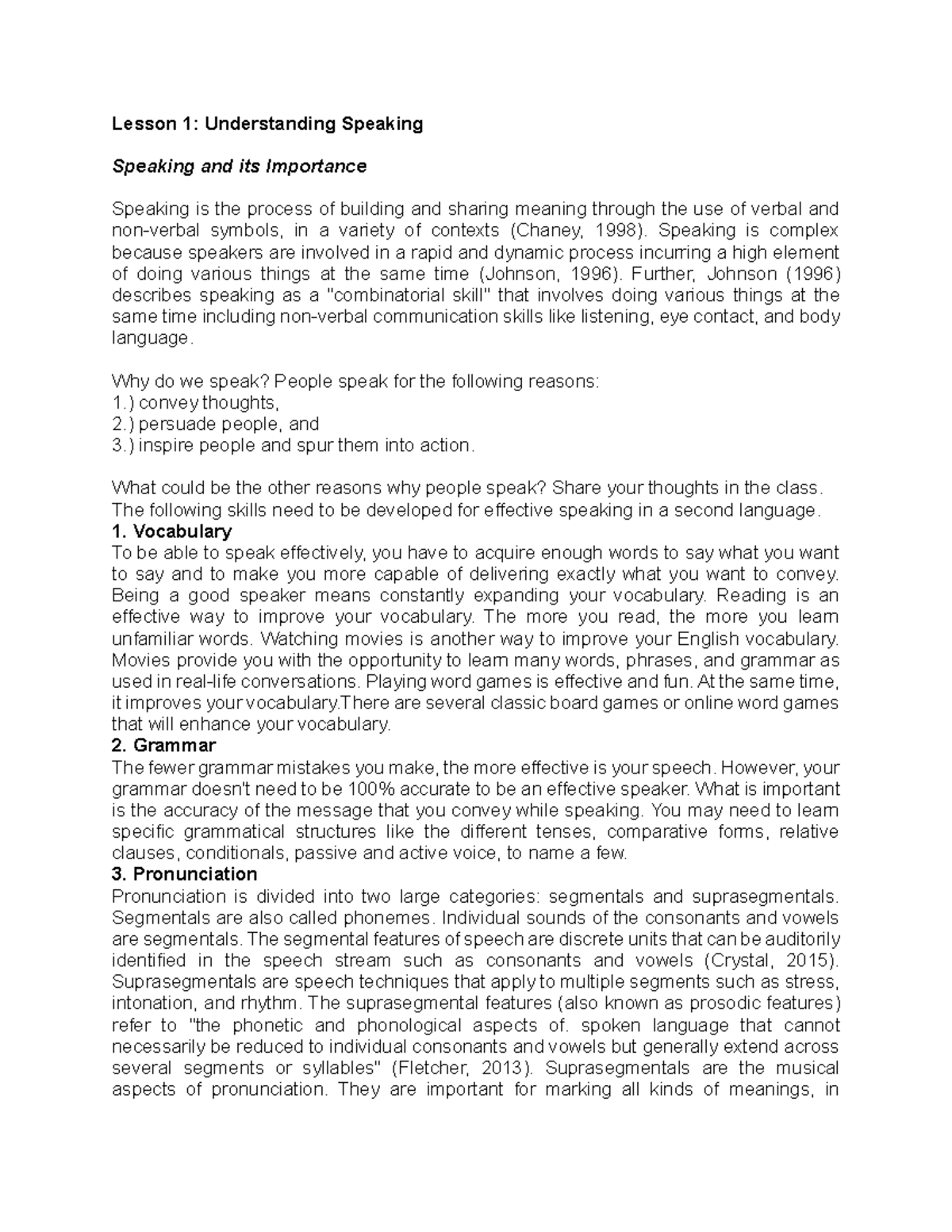 Lesson 1: Understanding Speaking and Its Importance (ENG101) - Studocu
