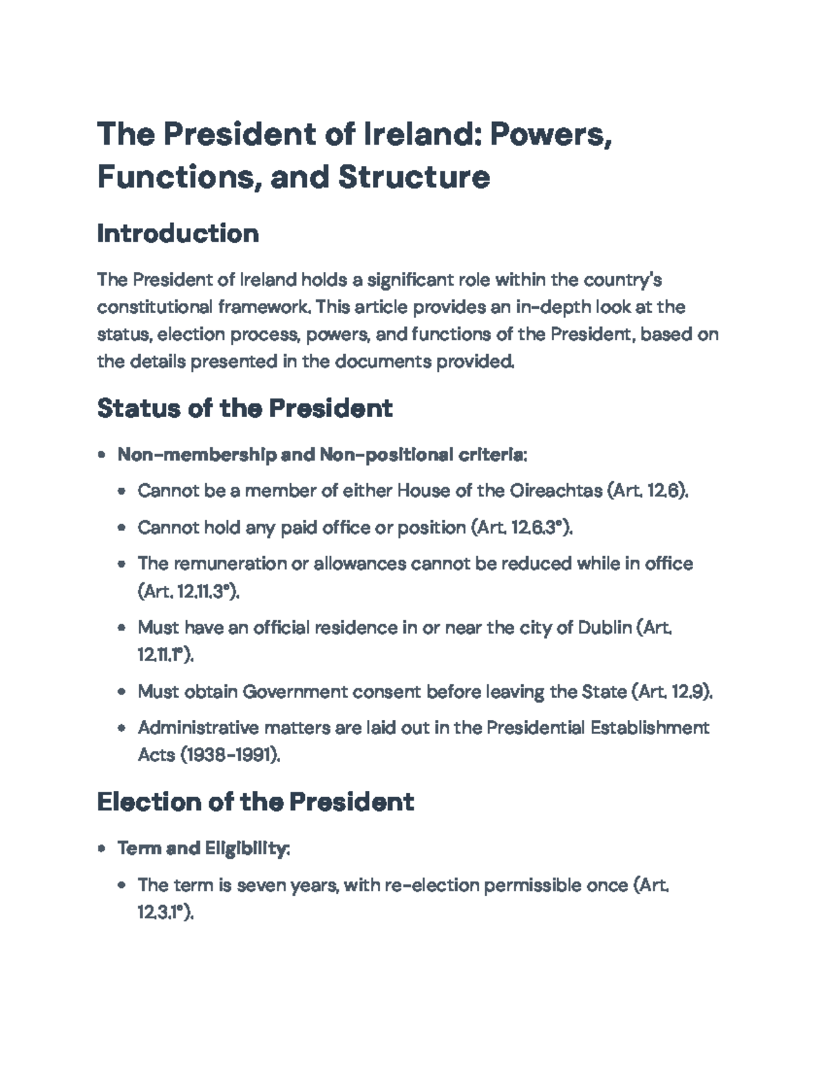 Overview of the Constitutional Powers & Functions of the Irish ...