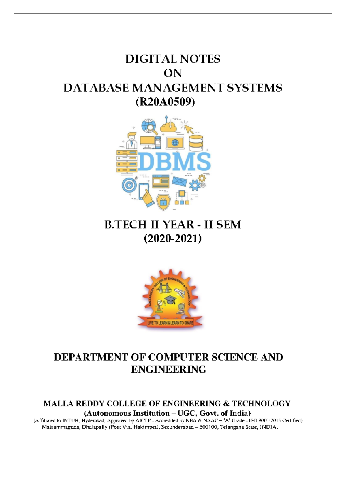 DATABASE MANAGEMENT SYSTEMS (R20A0509) NOTES - BII SEM 2020-2021 - Studocu
