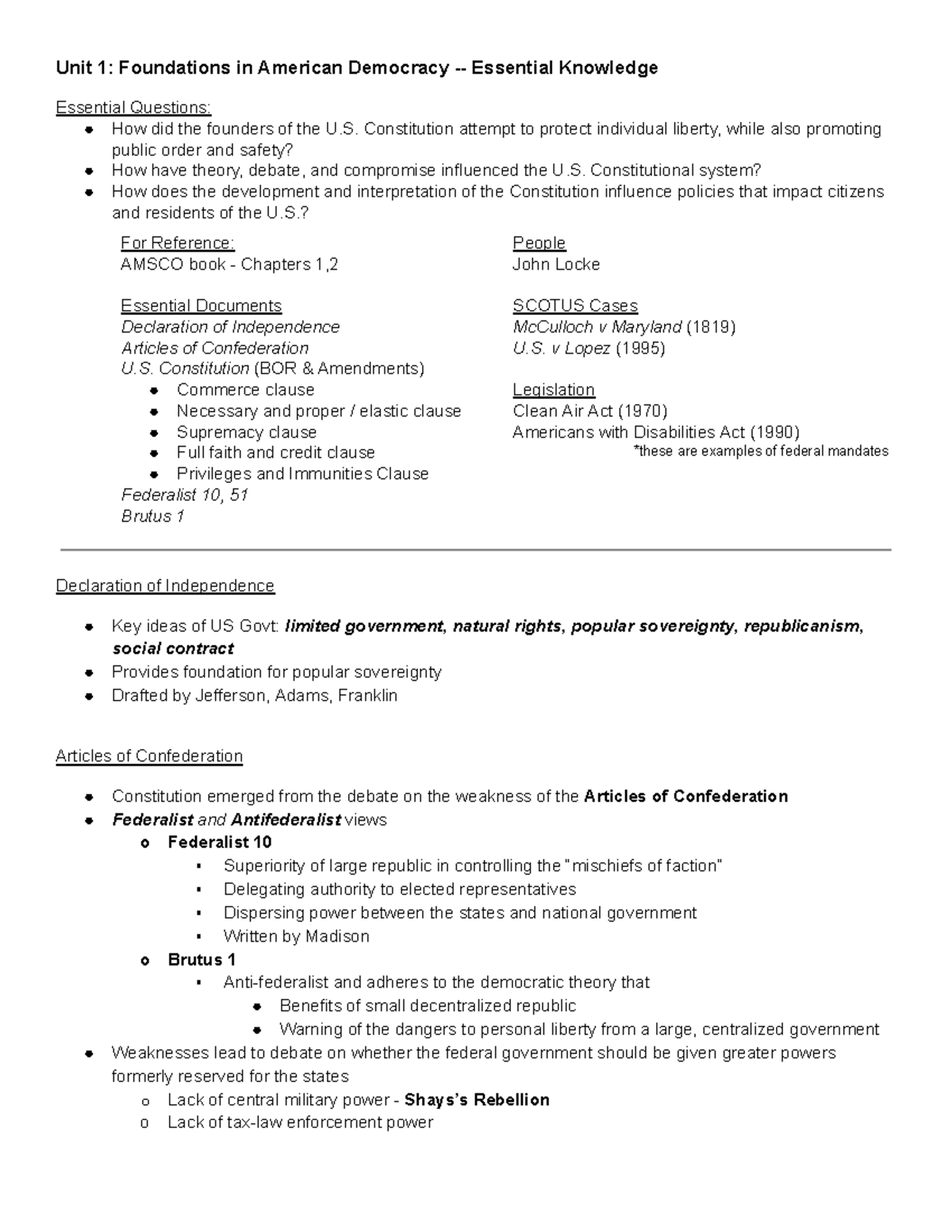 Unit 1: Foundations of American Democracy - Essential Knowledge ...