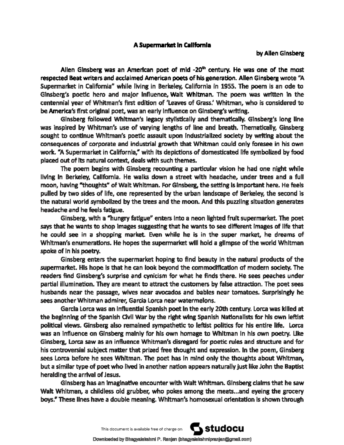 Analysis of "A Supermarket in California" by Allen Ginsberg - Studocu