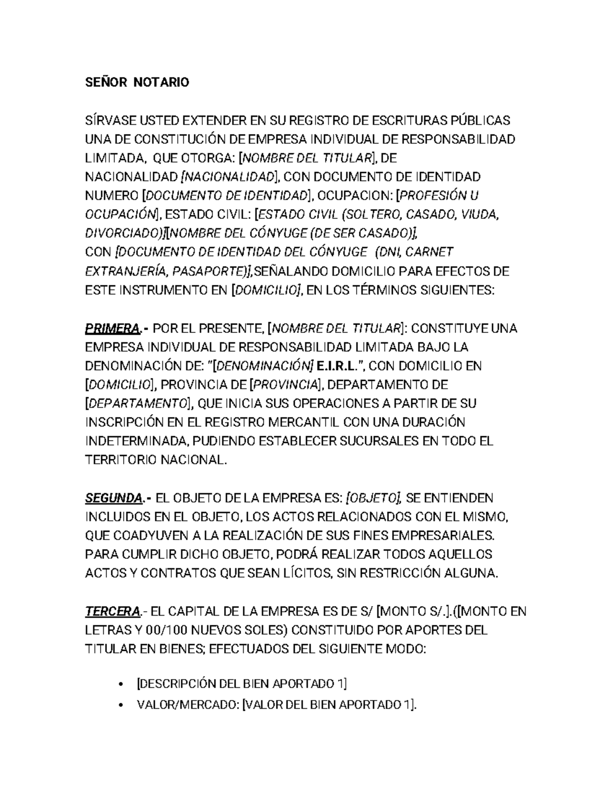 Modelo de Escritura para Inscripción de Empresa E.I.R.L. - Studocu