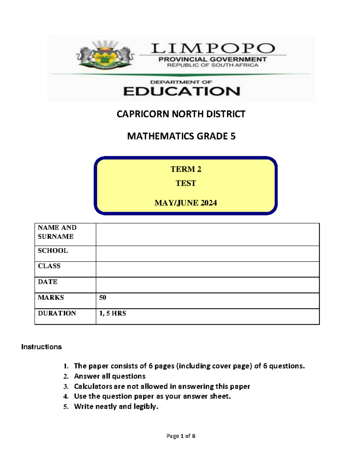 MATHEMATICS GRADE 5 TERM 2 TEST JUNE 2024 QUESTION PAPER - Studocu