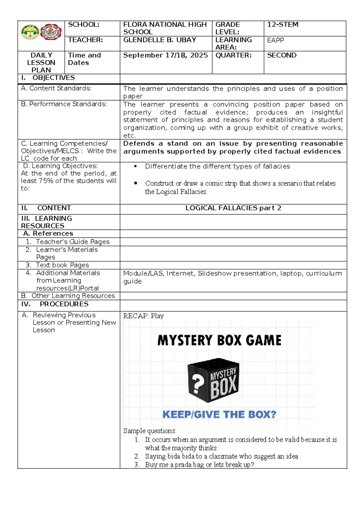 EAPP Lesson Plan on Logical Fallacies (Grade Level: September 2025 ...