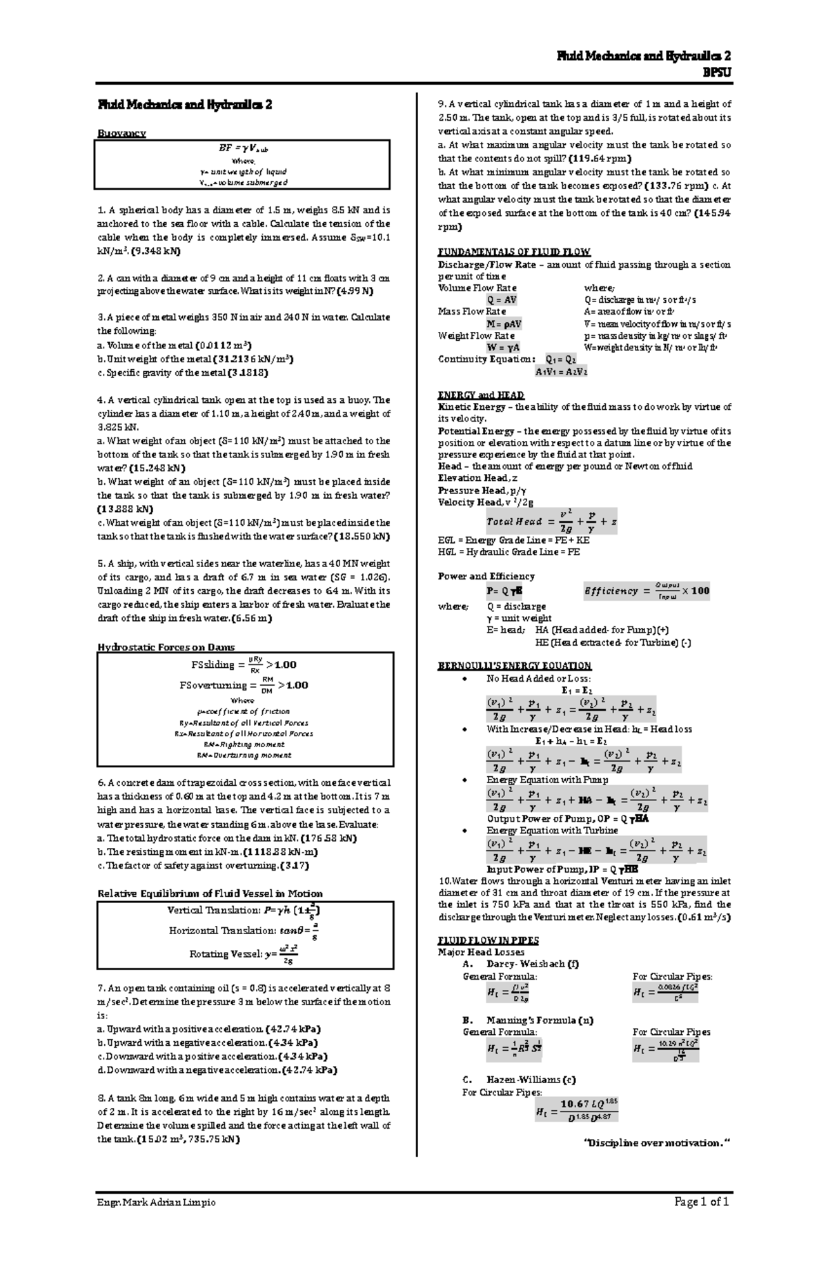 Fluid Mechanics and Hydraulics 2: Quiz on Buoyancy and Forces - Studocu