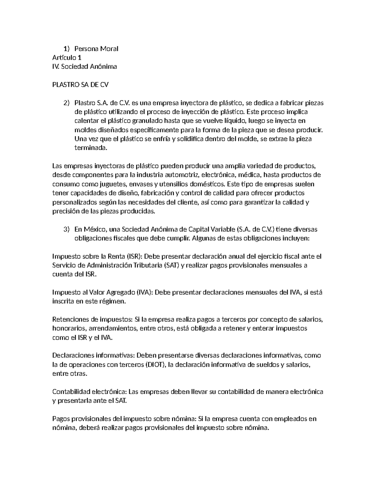 Proyecto Integrador Etapa 1: Sociedad Anónima PLASTRO S.A. de C.V ...
