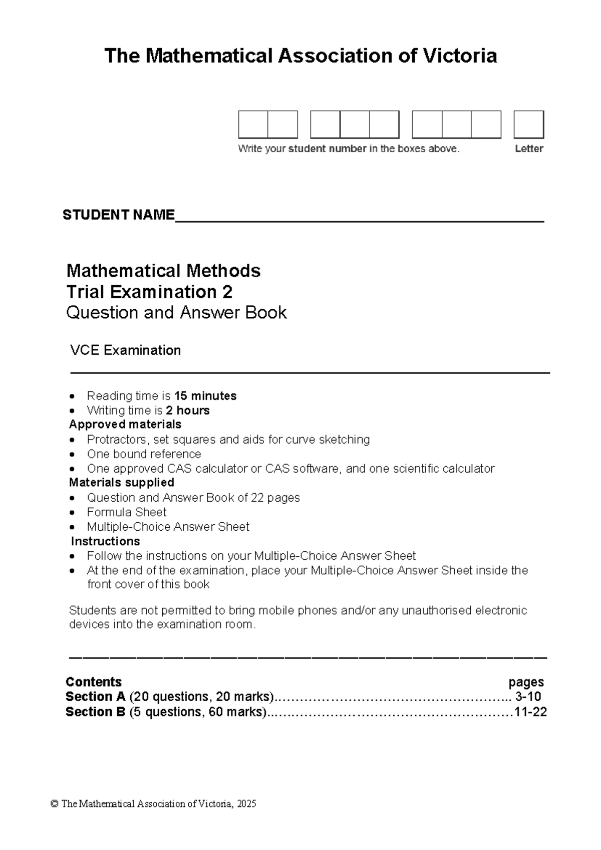 MAV 2025 Mathematical Methods Trial Exam 2 Q&A Book - Studocu
