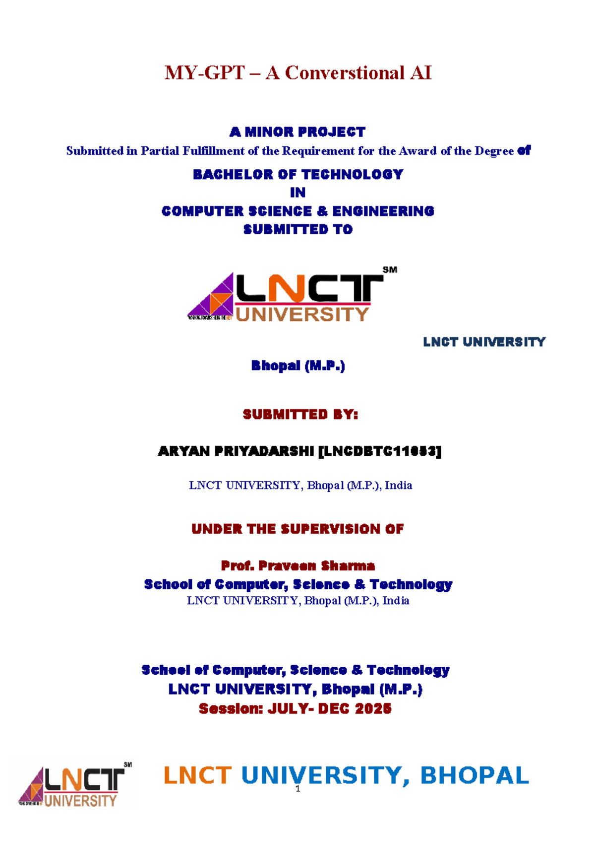Conversational AI Project Report (BTECH CSE) - LNCT University - Studocu
