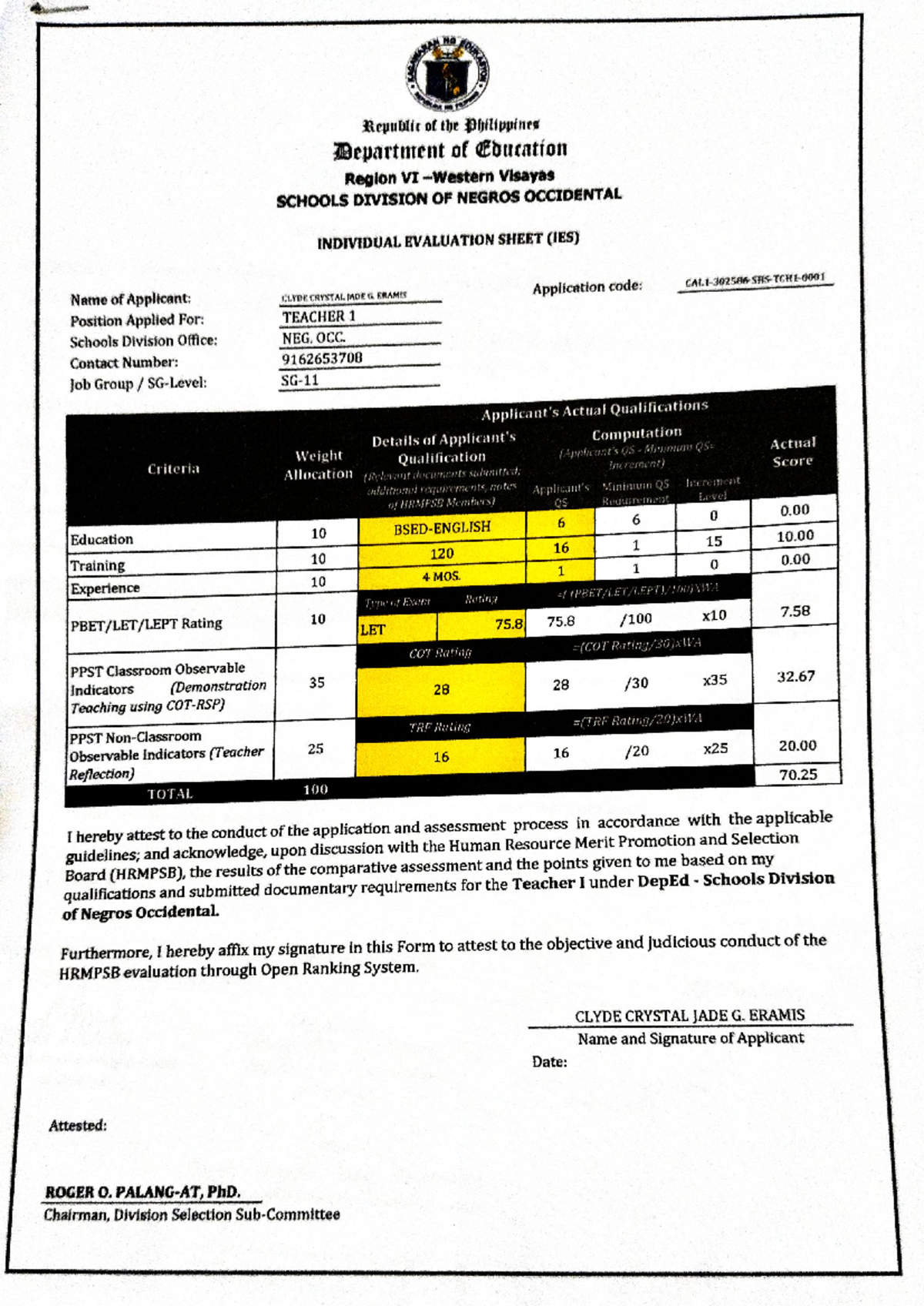 Individual Evaluation Sheet for Teacher 1 Application (DepEd) - Studocu