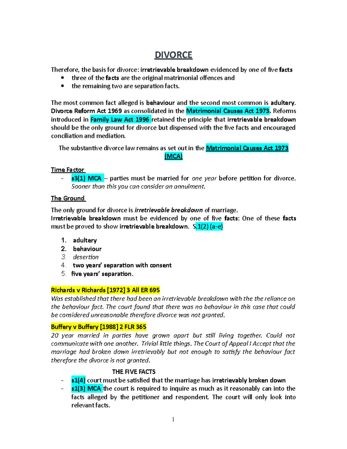 Divorce - Lecture Notes 1: Key Principles & Case Law Overview - Studocu