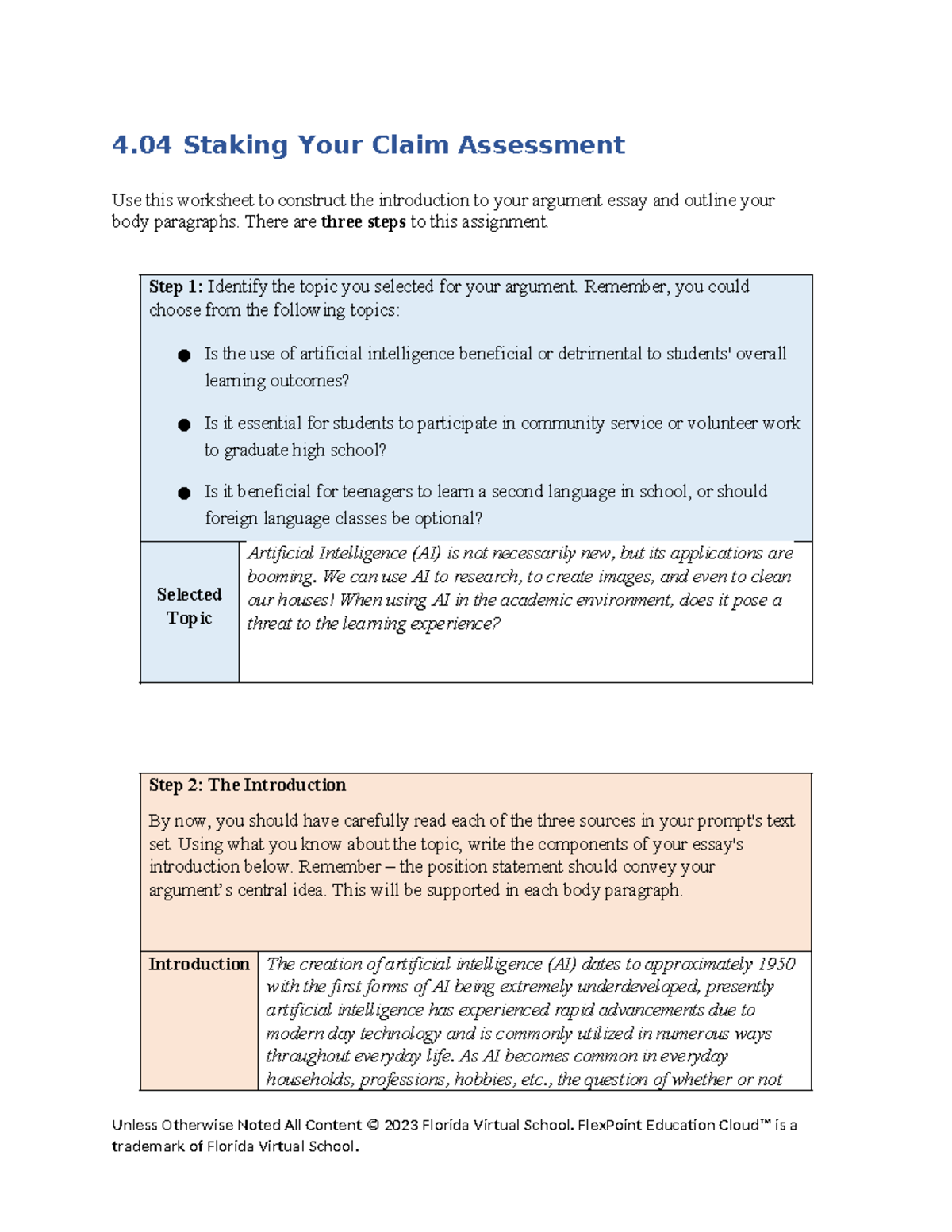 4.04 Argument Essay Planning Worksheet: Staking Your Claim Assessment ...