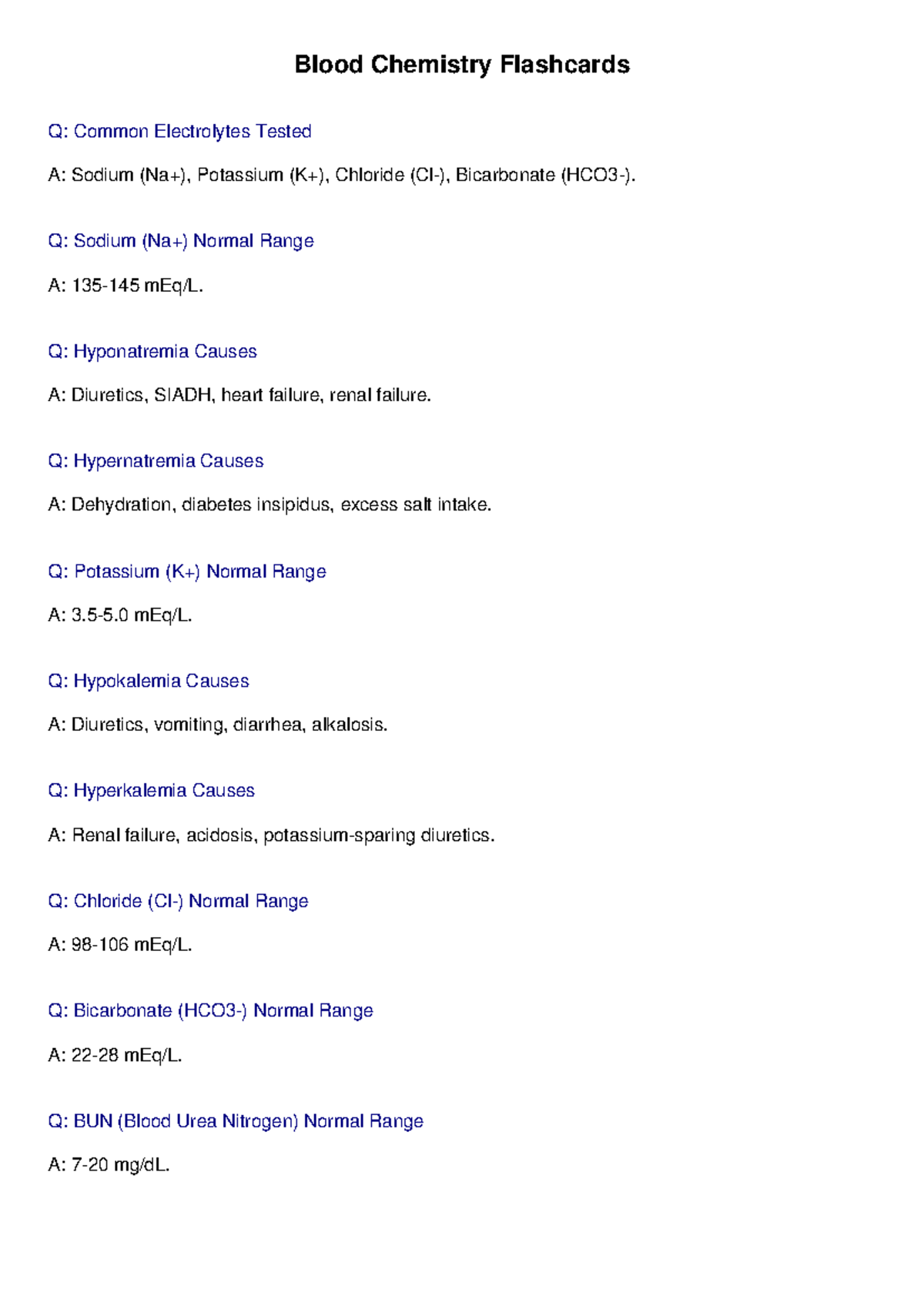 Blood Chemistry Flashcards: Common Electrolytes & Normal Ranges - Studocu