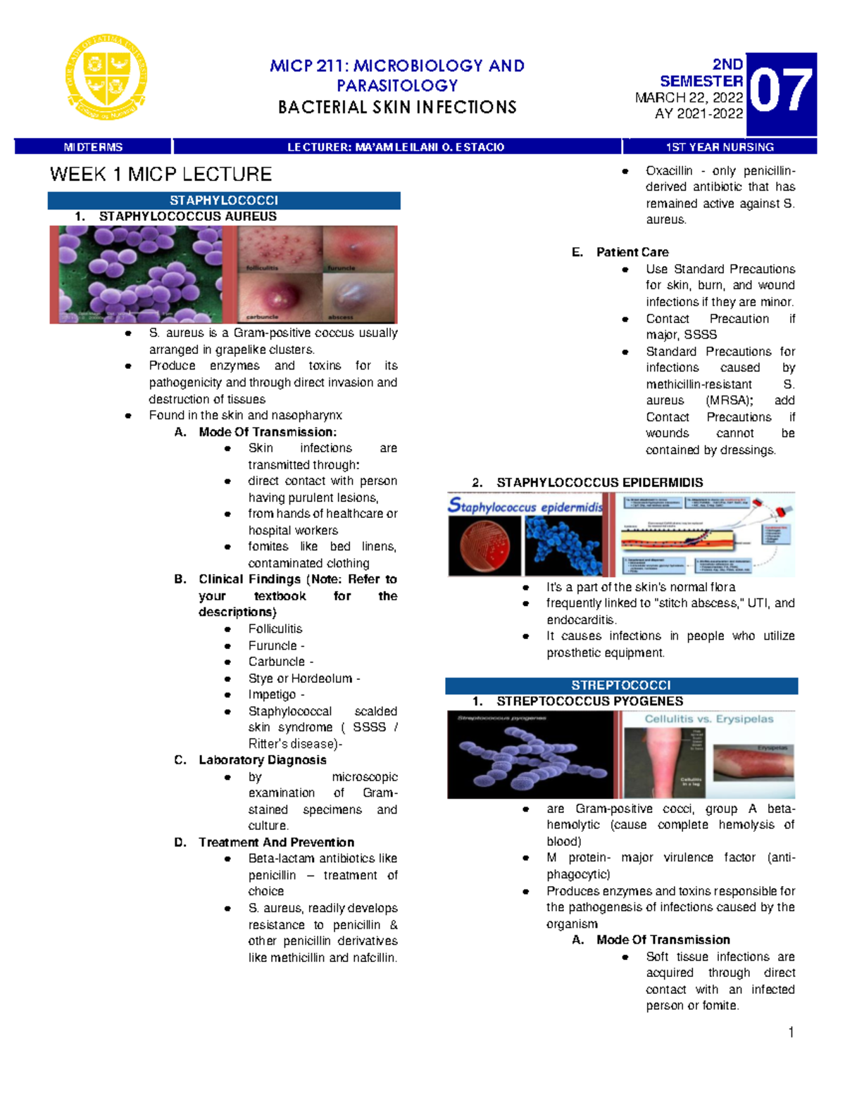 Micropara Midterm Reviewer - MICP 211: MICROBIOLOGY AND PARASITOLOGY BACTERIAL SKIN INFECTIONS ...