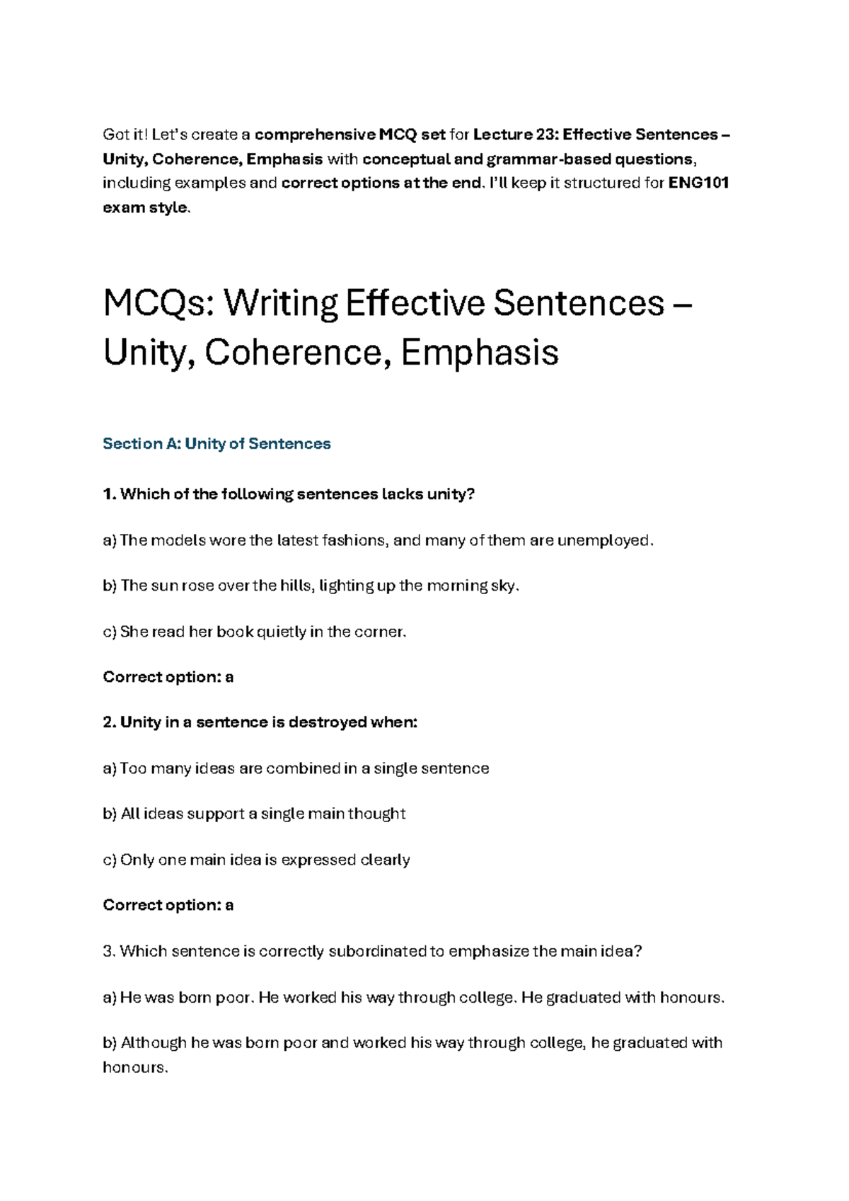 ENG101 Lecture 23: MCQs on Effective Sentences - Unity, Coherence ...