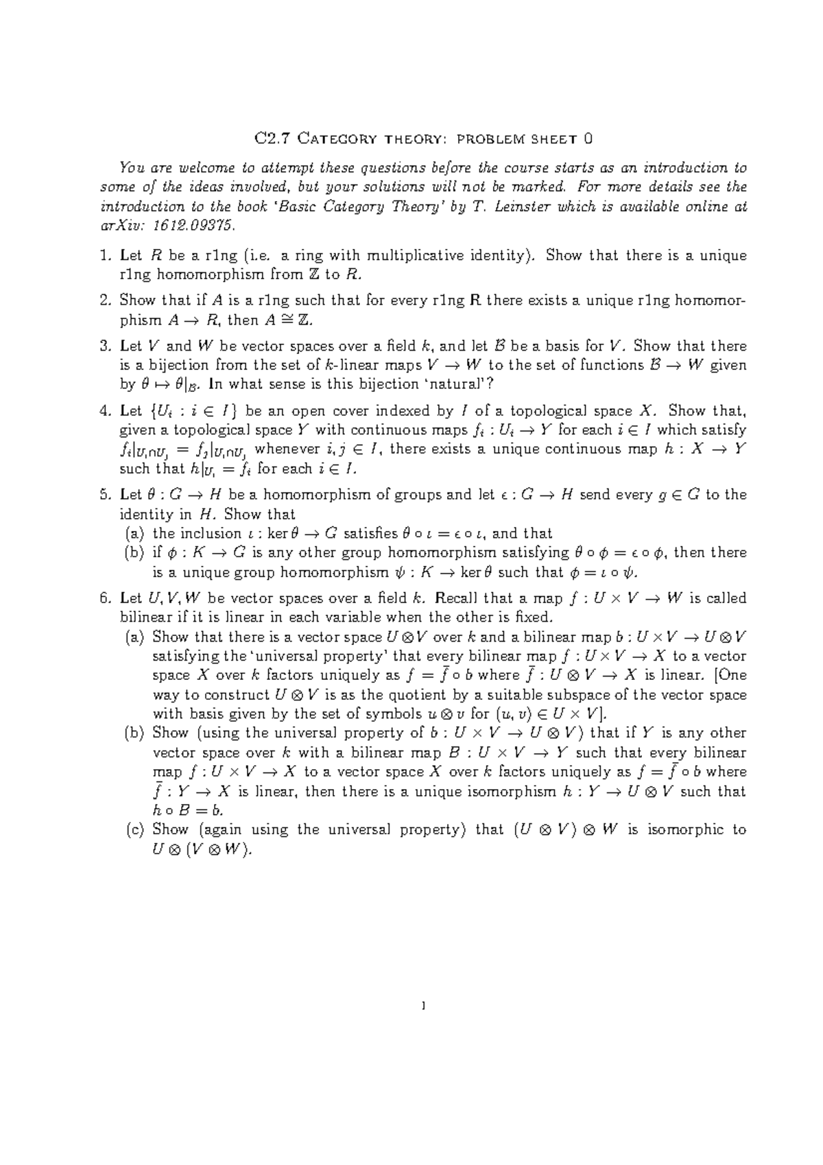 C2.7 Category Theory: Problem Sheet 0 for Introductory Concepts - Studocu