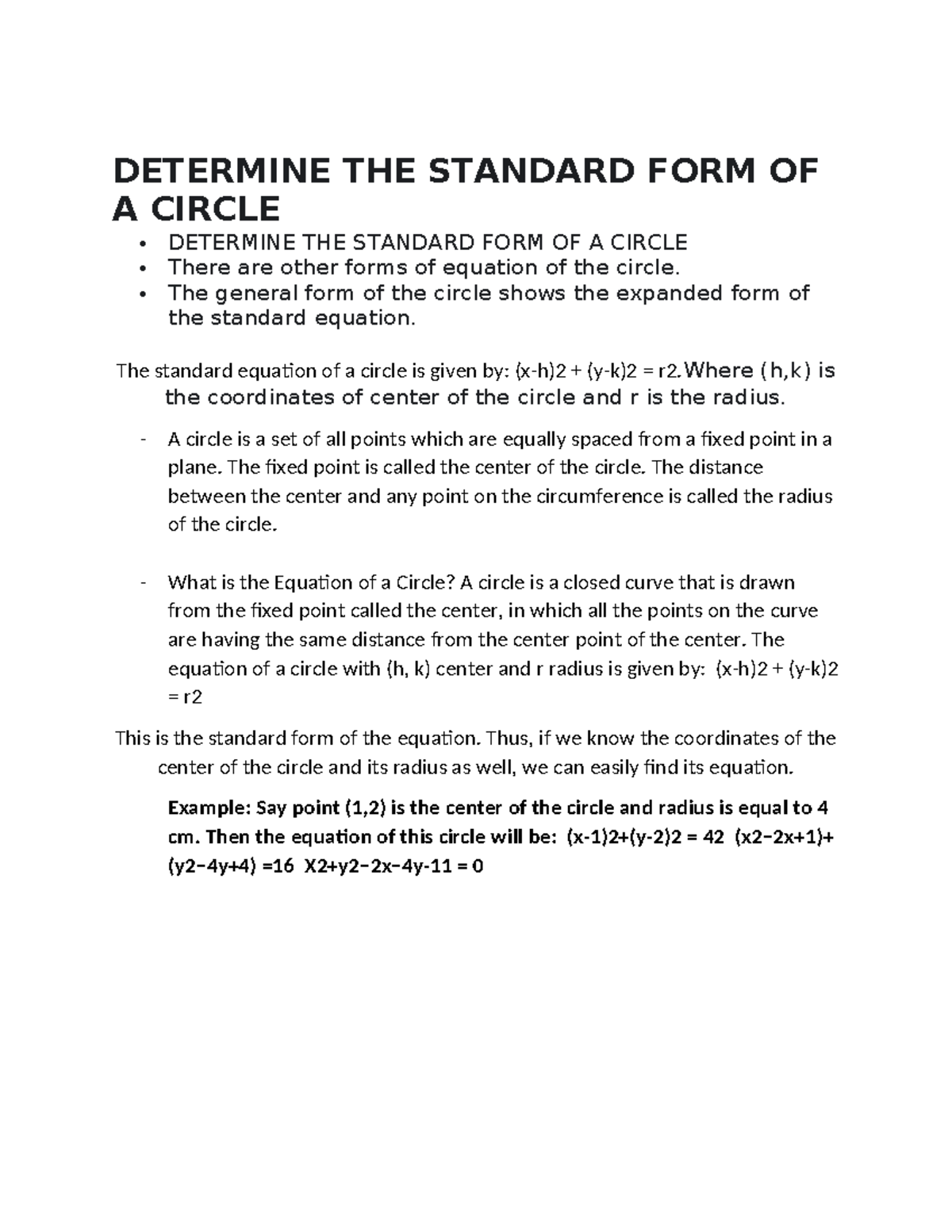 Standard Form of a Circle: Equations and Examples in Pre-Calculus - Studocu