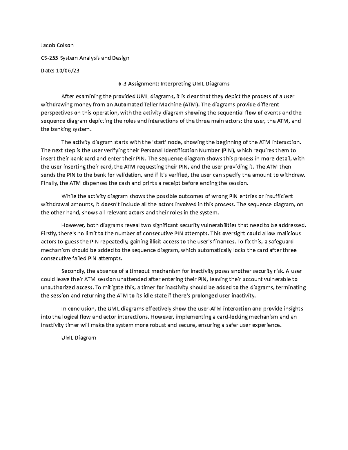 6 3 Assignment Interpreting Uml Diagrams Jacob Colson Cs 255 System Analysis And Design Date