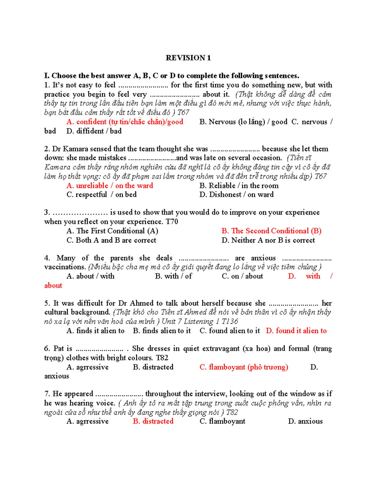 Y3- Revision - Test - REVISION 1 I. Choose the best answer A, B, C or D ...
