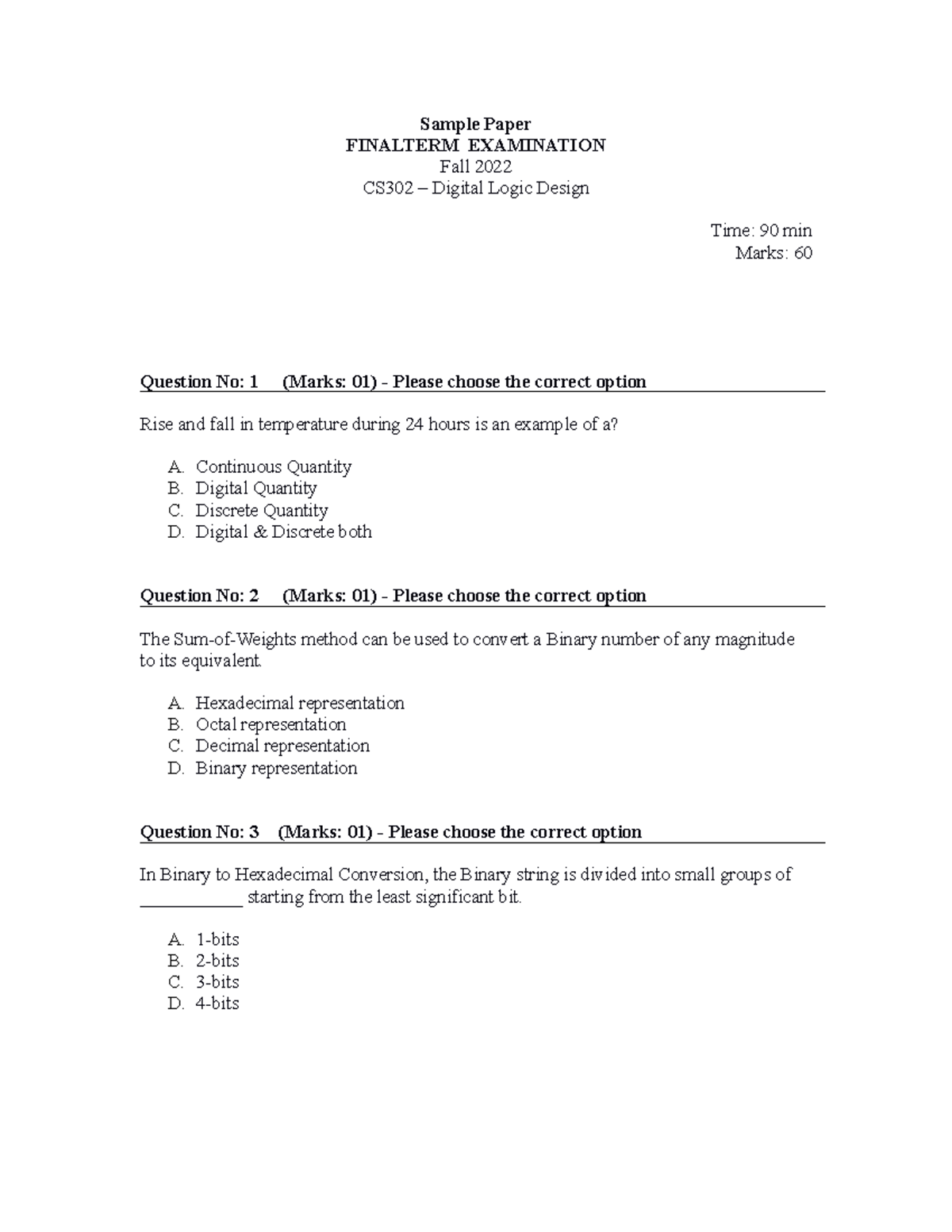 CS302 - Sample Paper - Sample Paper FINALTERM EXAMINATION Fall 2022 CS302 – Digital Logic Design ...