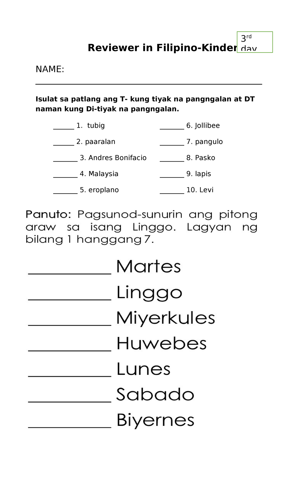 Reviewer in Filipino - Reviewer in Filipino-Kinder NAME: - Studocu